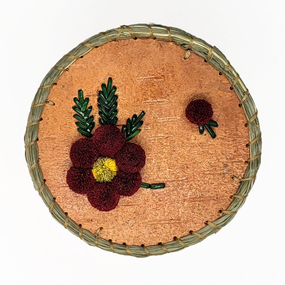 Birch Bark Basket 3" - Red Cariboo Tufted Flower with Green Quilled Le ...